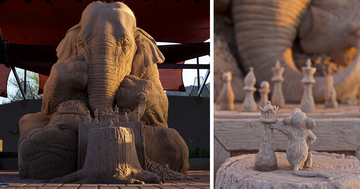 Stunning Sand Sculpture Of A Life-Size Elephant Playing Chess With A ...