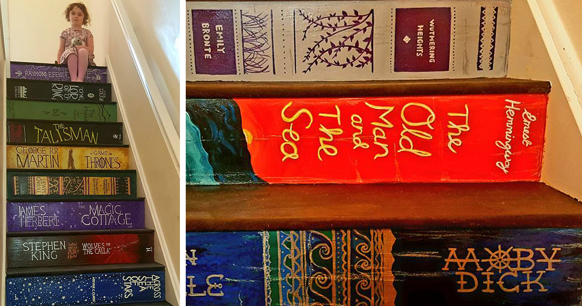 Woman Paints Staircase With Her Favorite Book Covers | Bored Panda