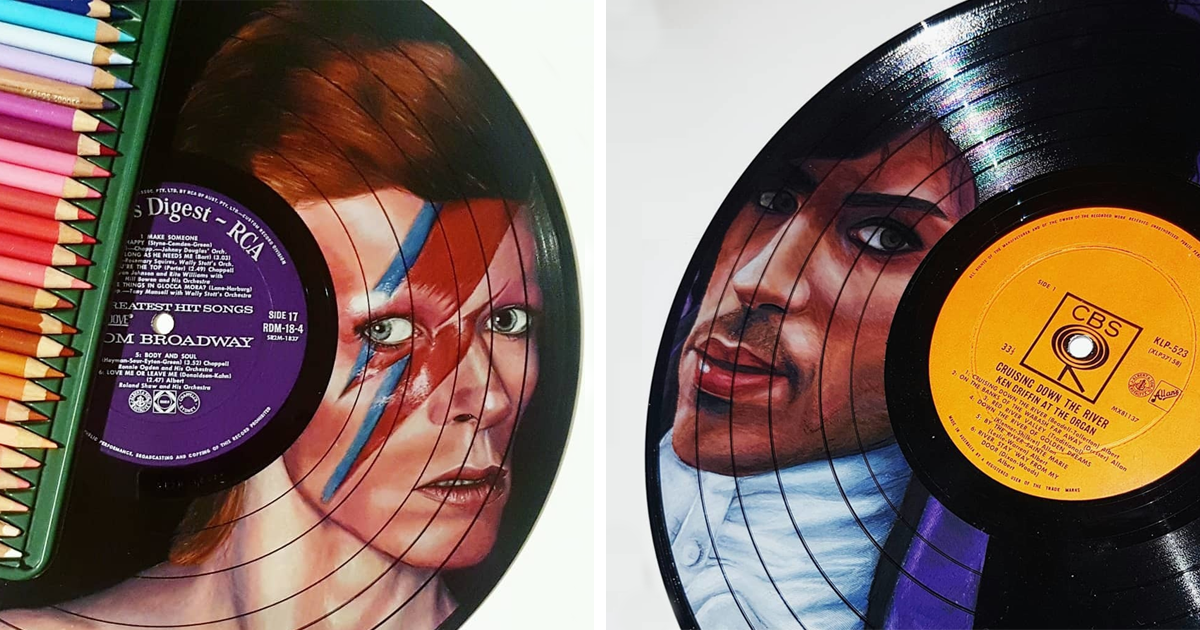 I Create Celebrity Portraits On Used Vinyl Records With Colored Pencils ...