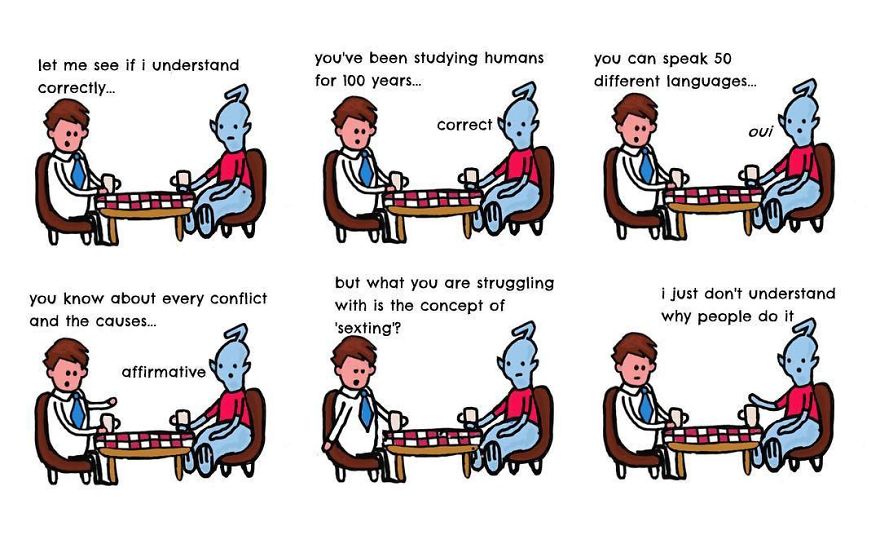 I Attempt To Explain Human Behavior To An Alien In My 41 Comics | Bored ...